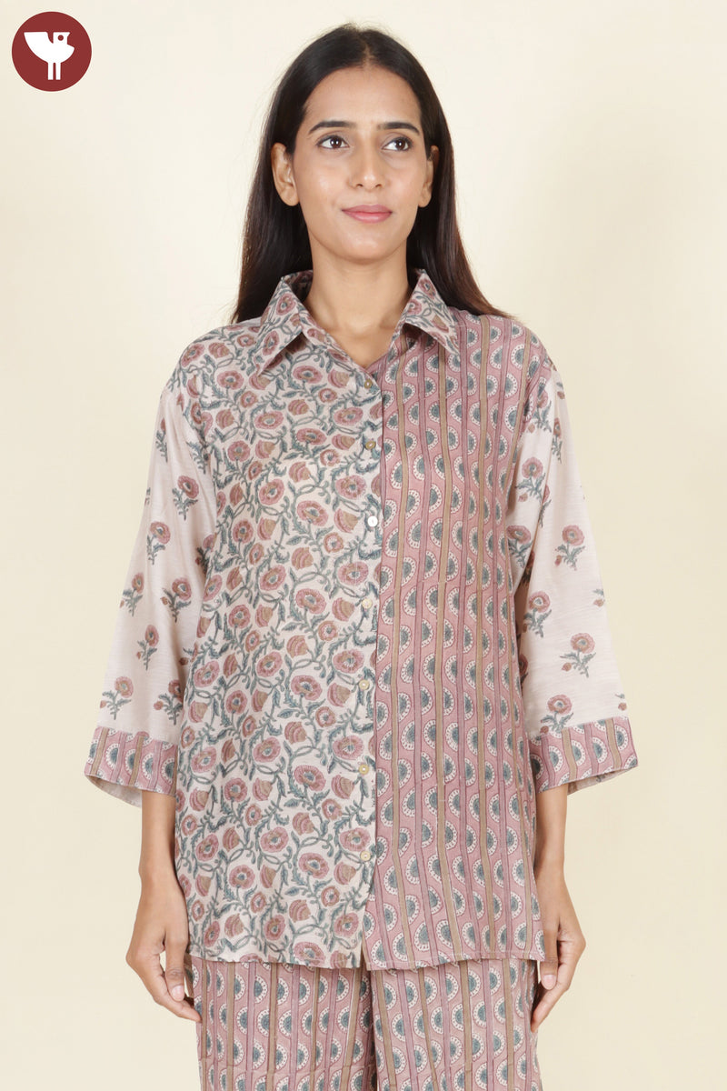 Modal Silk Top In Strip Floral Block Print